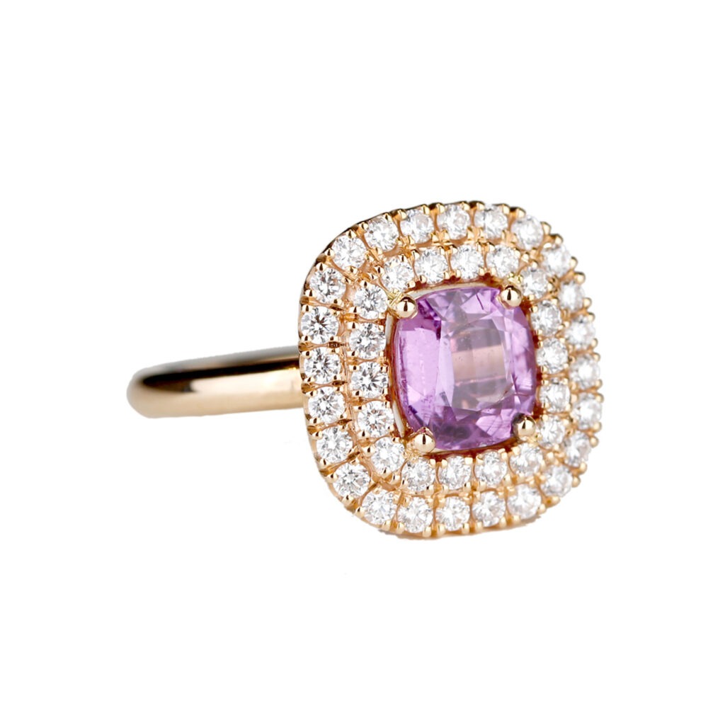 Bague saphir rose double entourage diamants Antoinette Baldaquin